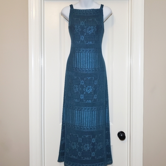 Helene Blake | Dresses | Vintage 9s Helene Blake Crochet Teal Maxi ...
